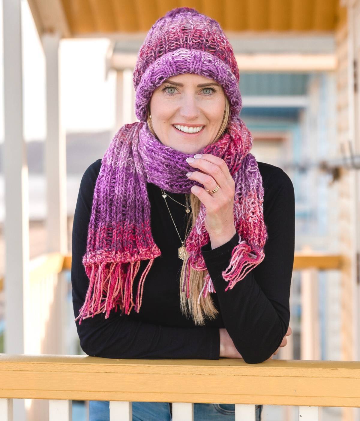 Hat and Fringed Scarf Set in Emu Funfair Swirl DK (4004) | The Knitting ...